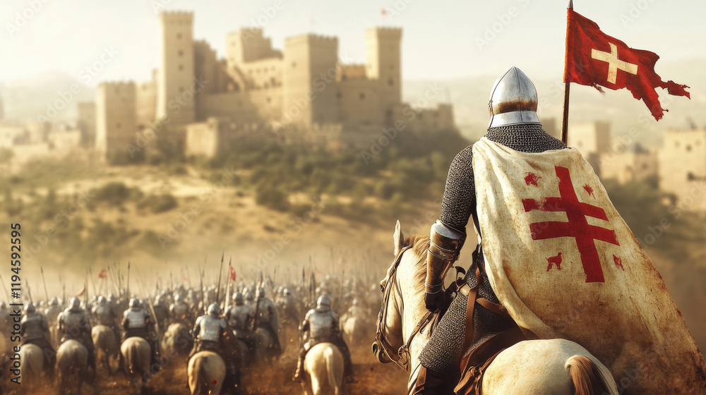 knight in armor leads cavalry charge towards medieval castle ...