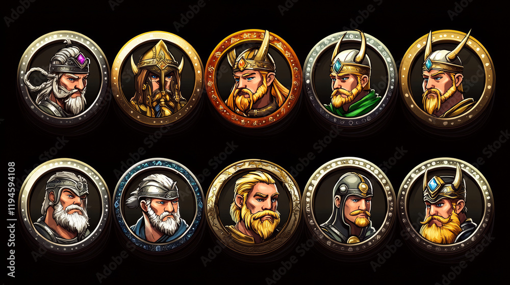 Viking and warrior game avatars in gold ranking frames. Vector cartoon ...