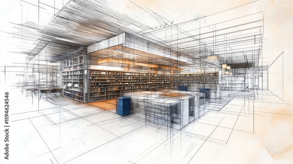 Architectural Design Sketch Modern Library Interior Bookshelves Blueprint Stock Illustration ...