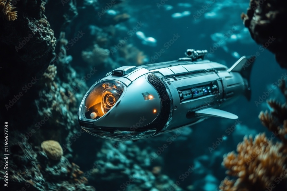 An advanced robotic submarine resembling a fish explores the deep ocean ...
