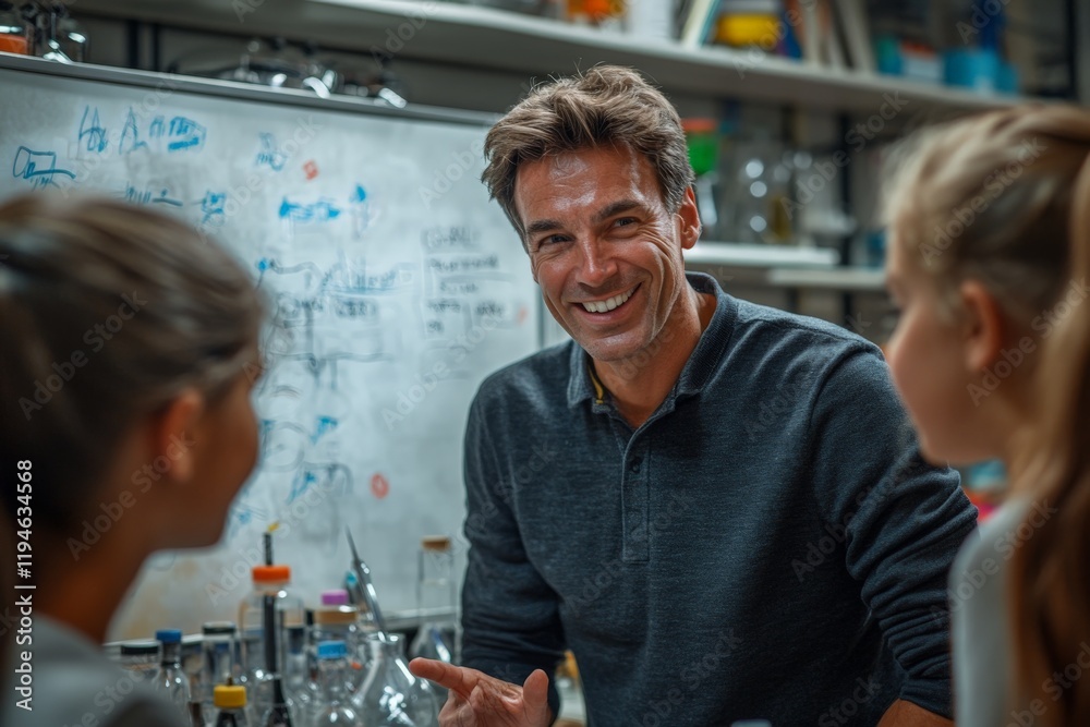 An enthusiastic scientist engages with students in a laboratory setting ...