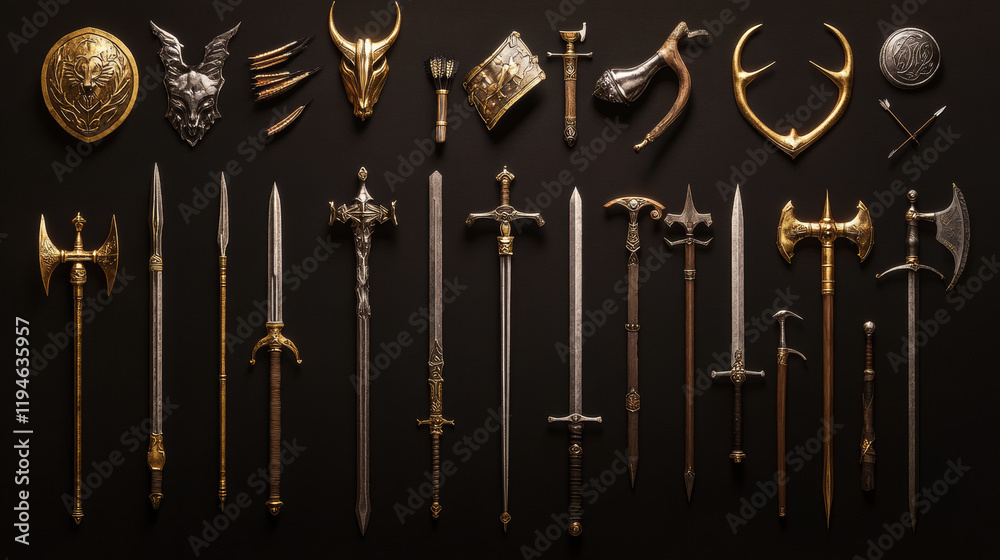 Fantasy frames with medieval weapon for rpg game ui design. Vector cartoon set of empty banners ...