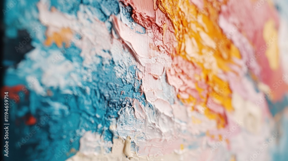 This abstract artwork features bold colors and thick textural layers ...
