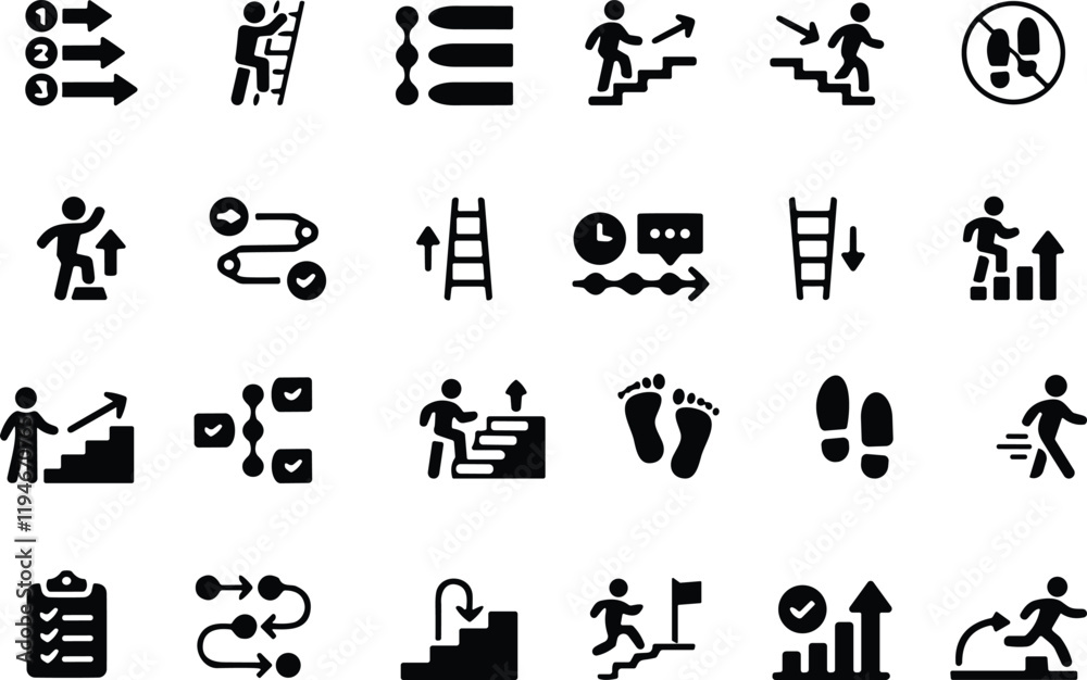 Steps icon set. Containing stairs, footprint, progress, step by step ...