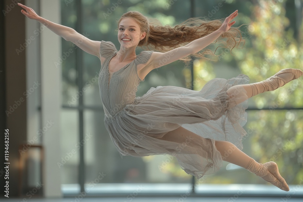 A ballet dancer dressed in light, flowing attire leaps elegantly into ...