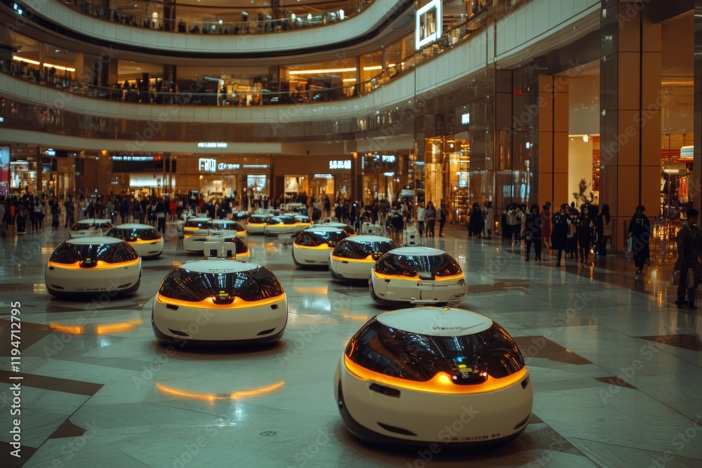 Numerous round autonomous vehicles move through a luxurious and ...