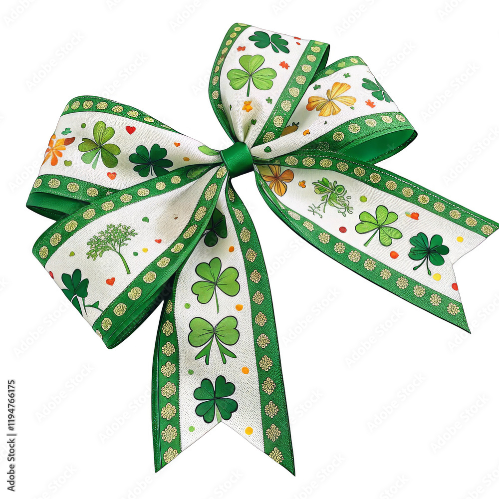 Green ribbon bow with shamrock and clover patterns, isolated on a ...