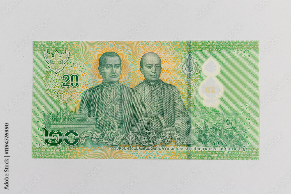 Thai 20 baht banknote with the portraits of His Majesty King Phra ...
