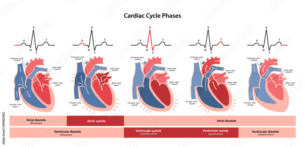 Cardiac Cycle Phases. Diagram of the phases of cardiac cycle with main ...