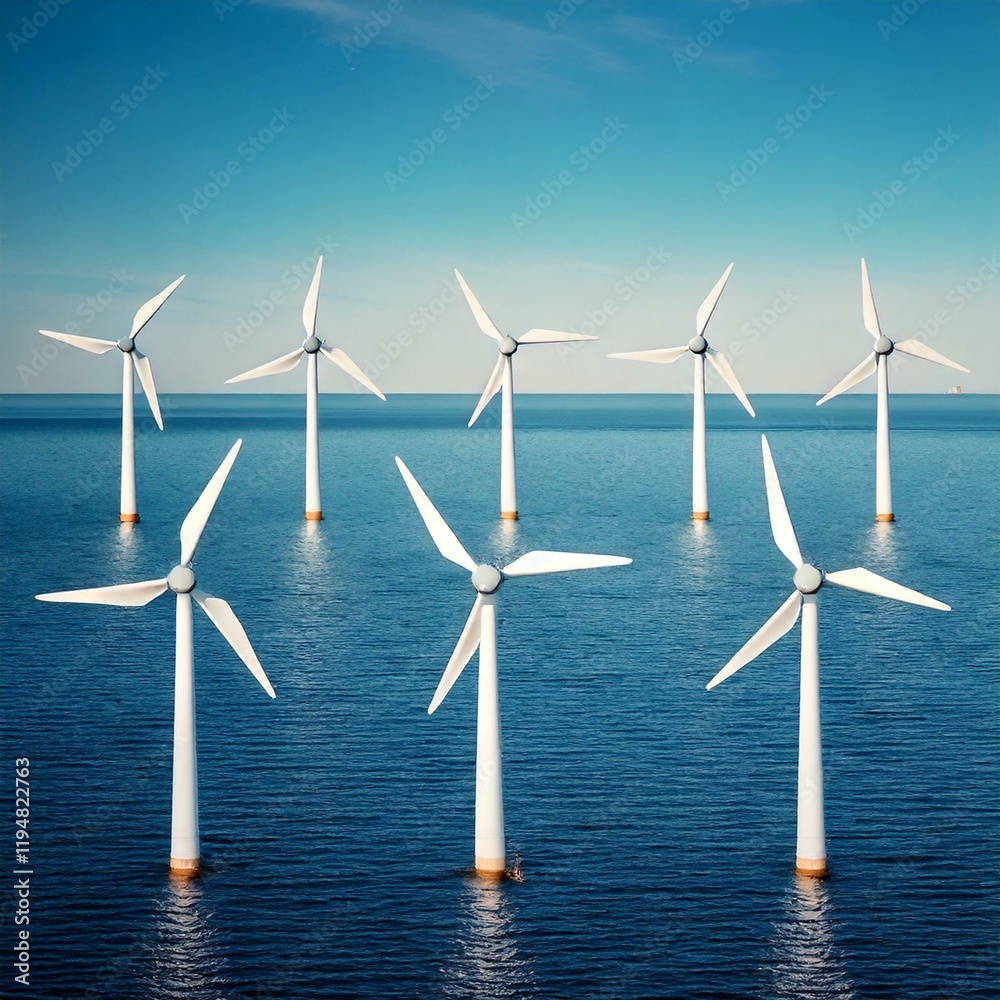 Multiple offshore wind turbines aligned in the distance, marking a ...