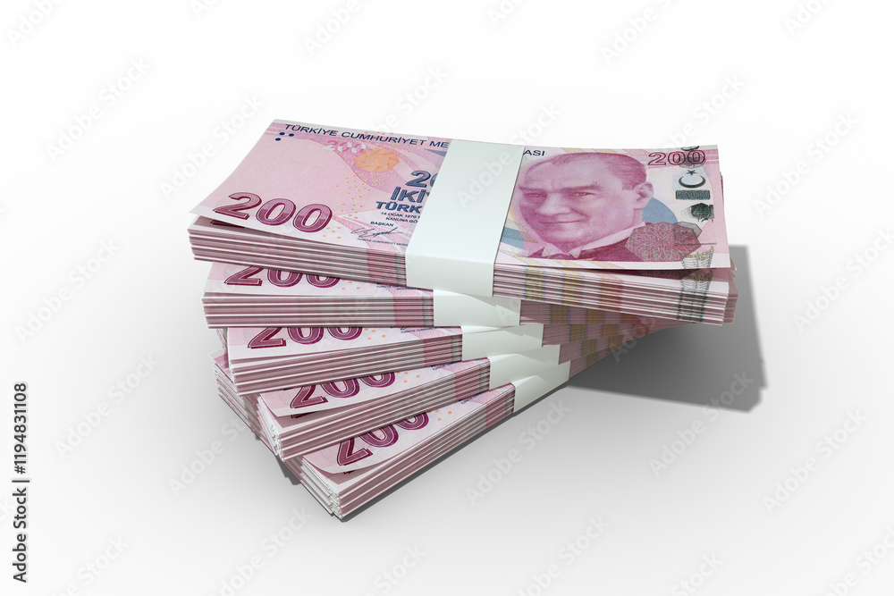 3d rendering of Stack of 200 Turkish Lira notes. Few bundles of Turkey ...