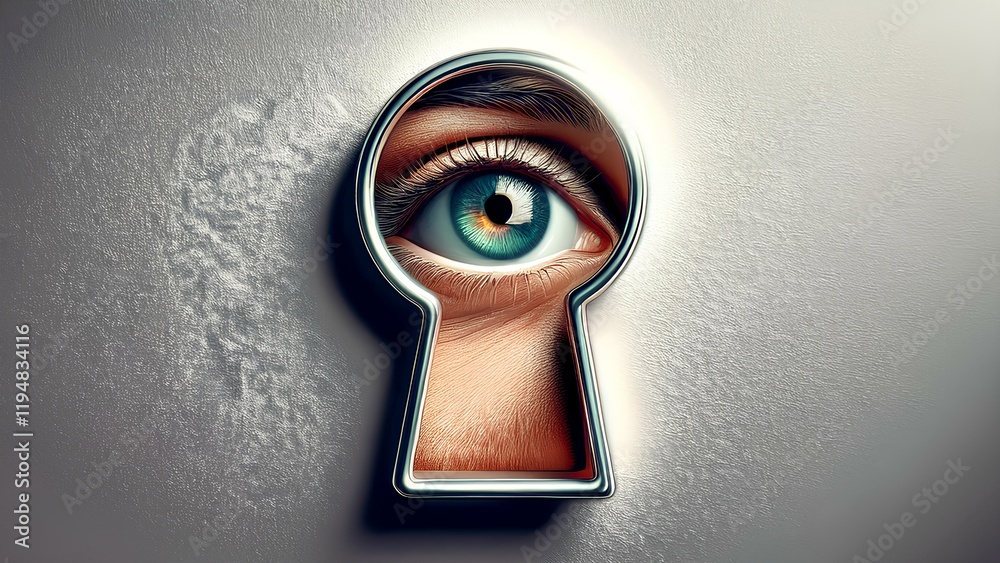 Stock-Illustration „A close-up of a keyhole on a clean background with a human eye peeking out ...