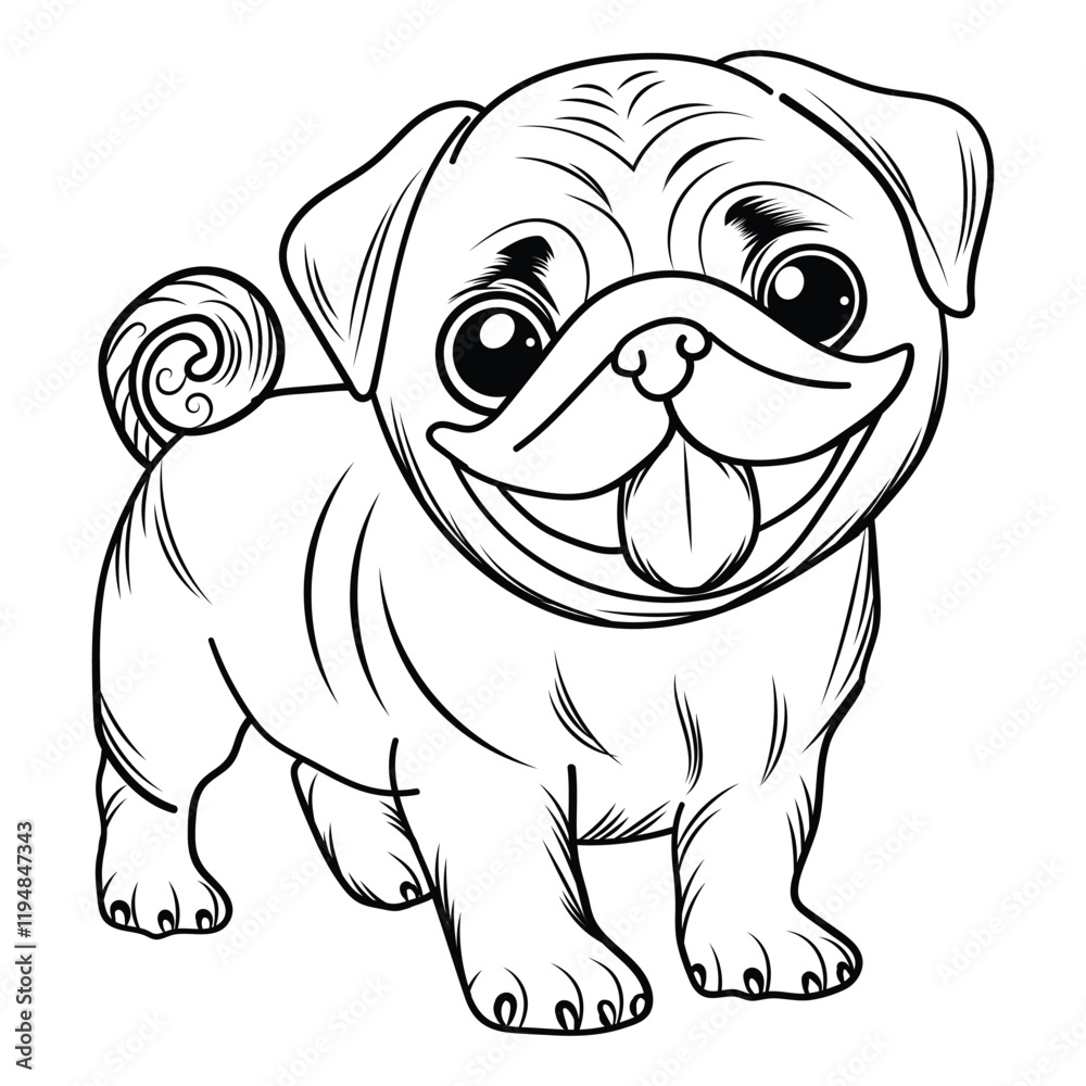 Pug Cute Garden Puppy Coloring Page for Kids, Animal Cartoon ...