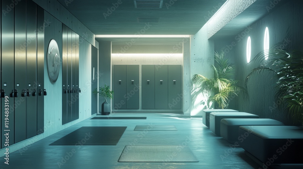 Modern fitness center locker room with sleek design, clean lines, and ...