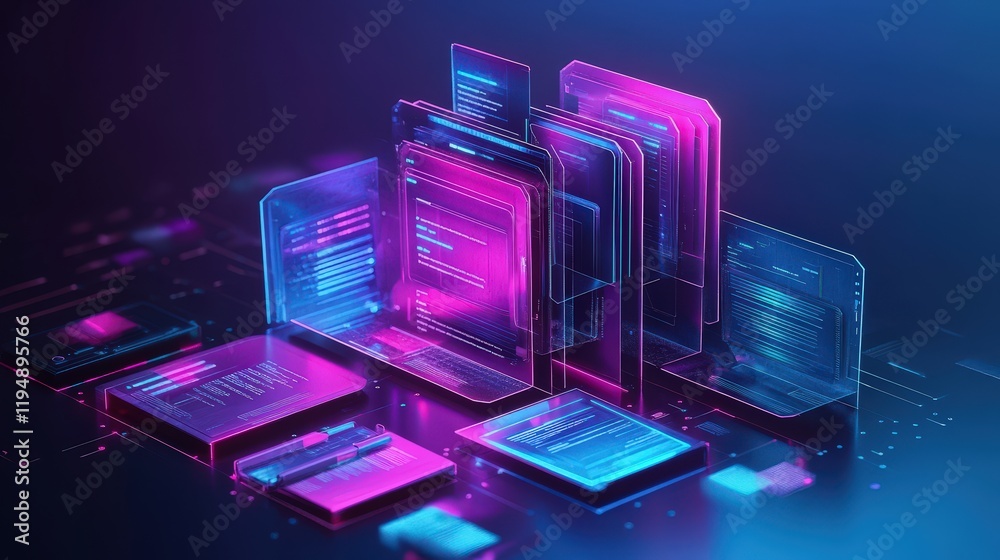 Abstract Digital Document Management System with Glowing Files and Data Layers Representing ...