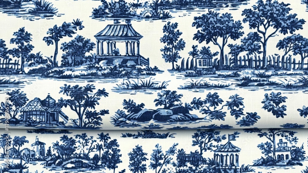 hyper realistic photo of elegant blue and white toile pattern intricate ...