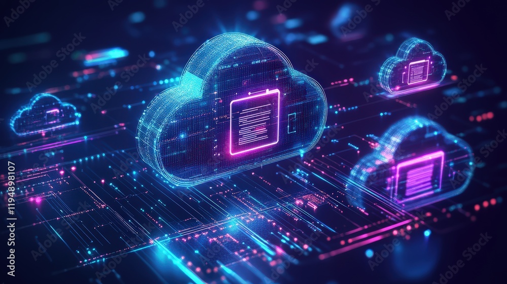 Futuristic Digital Interface with Cloud Symbols and Data Connections in ...