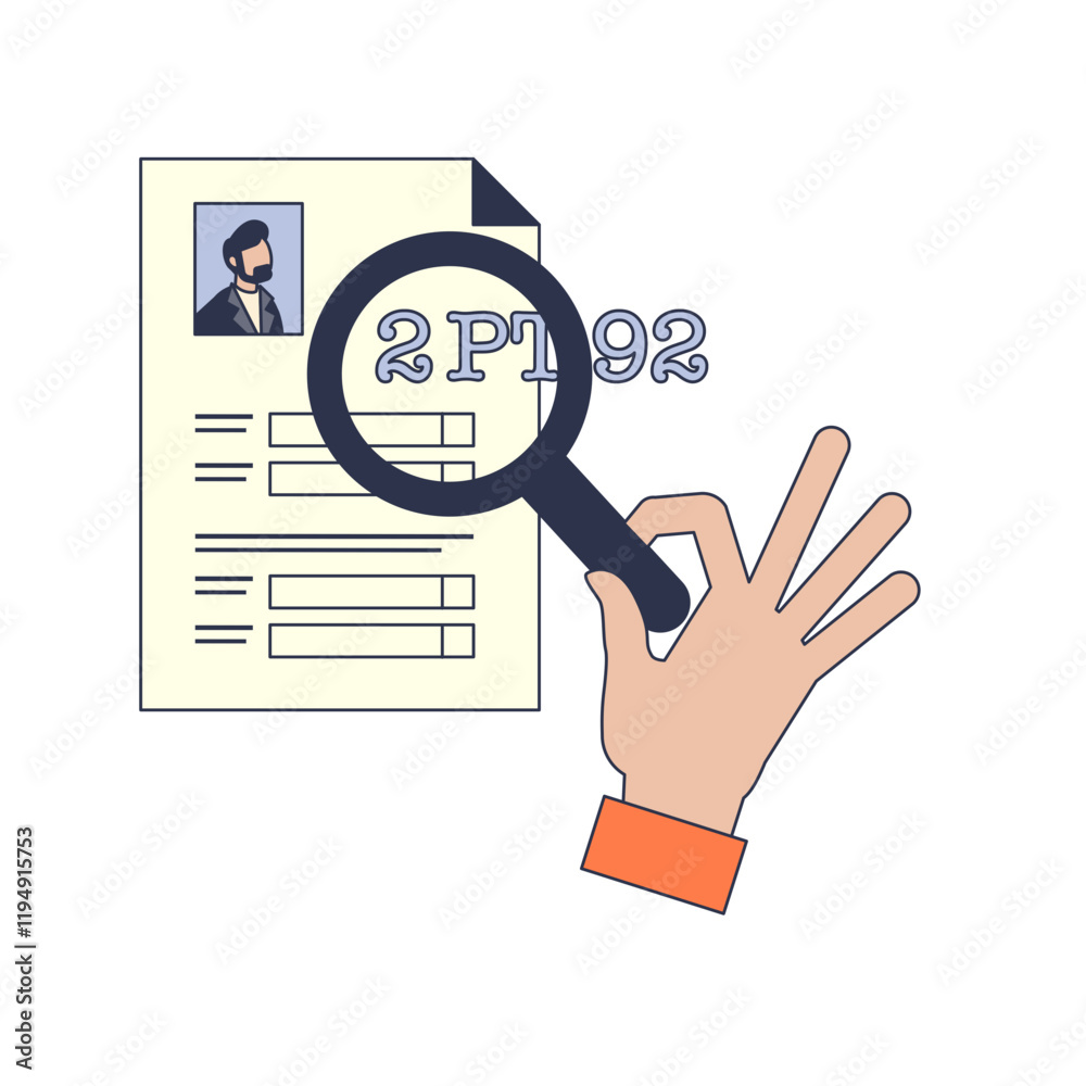 Hand with magnifying glass over alphanumeric codes and medical chart ...
