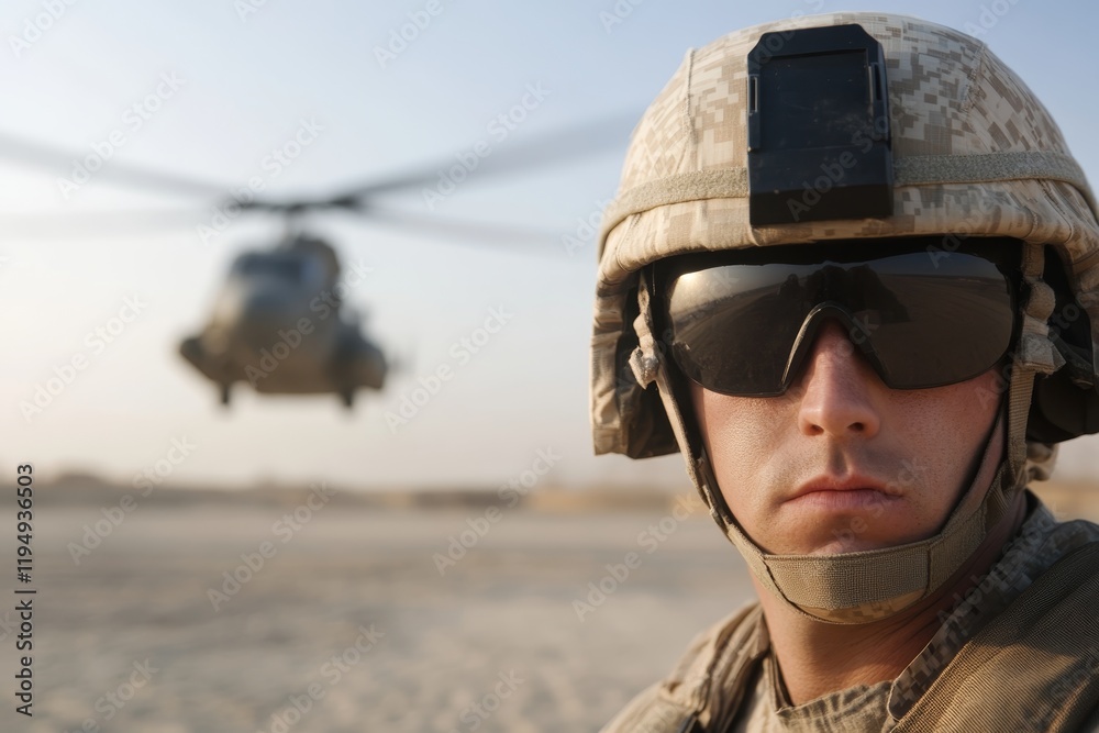 Soldier stands vigilant as helicopter prepares for takeoff in desert ...