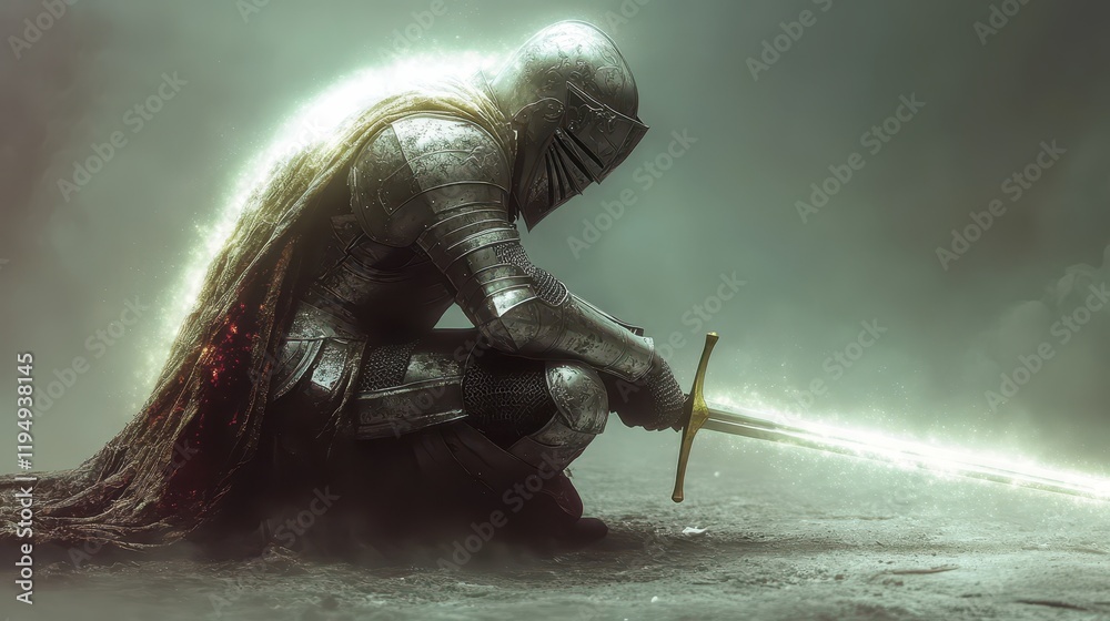 Royal knight kneels in reflective armor with sword planted in the ...
