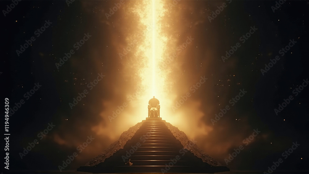 Majestic steps leading to a golden throne illuminated by a powerful ...