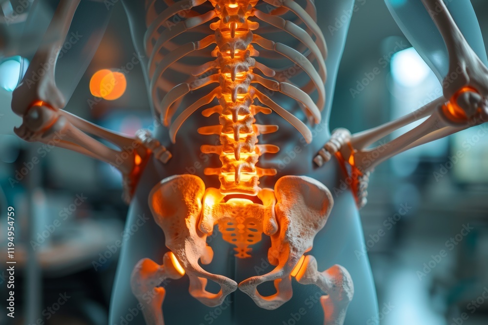 Detailed view of a human skeleton highlighting the lumbar spine and ...