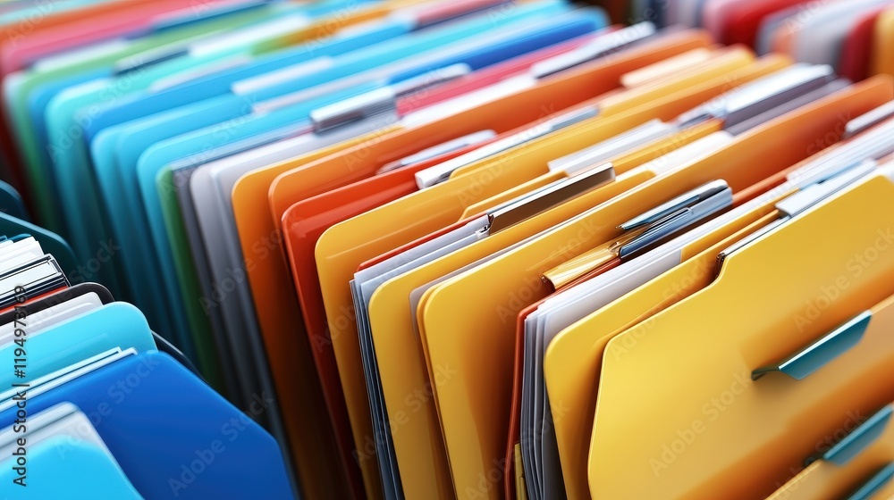 Colorful file folders organized in a filing cabinet for effective document management and online ...