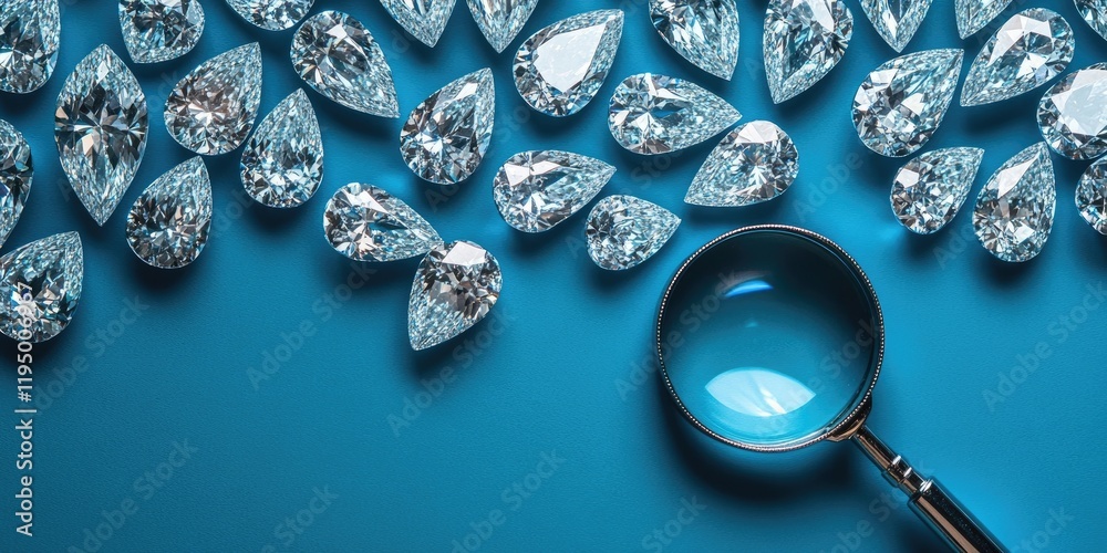 Pear-shaped diamonds of various sizes scattered on a blue background ...