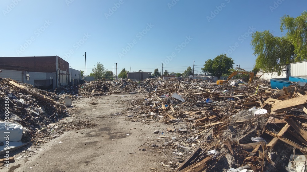 Broken wood, scrap metal, and plastic waste pile up at a demolition ...