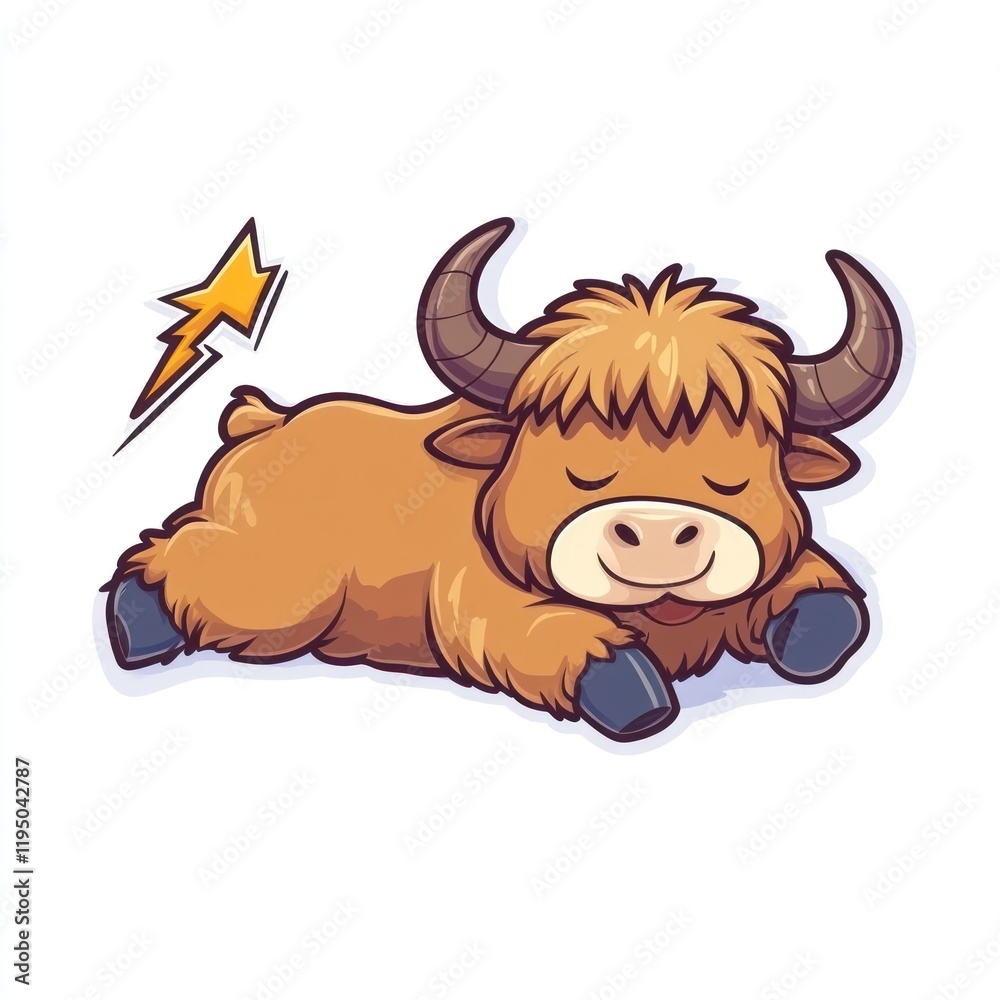 Sleepy yak resting, lightning strike background, cartoon illustration ...