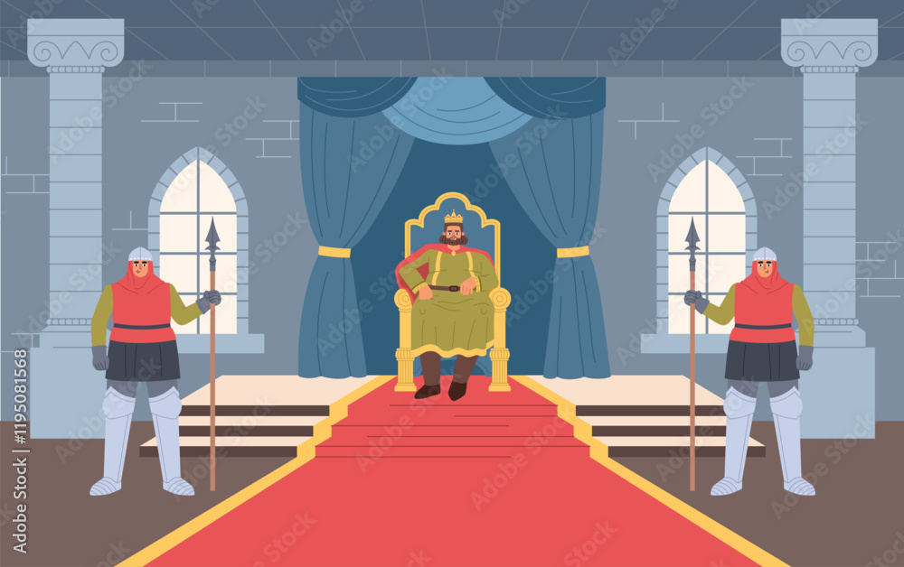 Cartoon king sits on throne. Ruler in throne room, fabulous characters ...