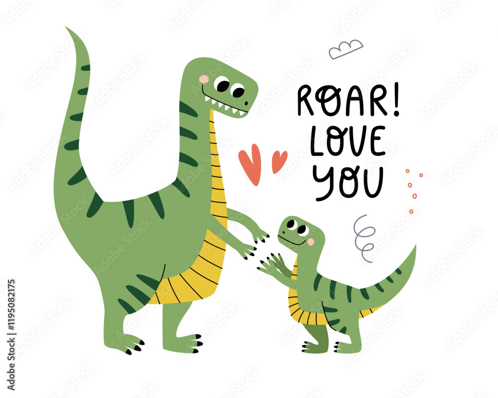 Cute baby dino with mom. Sweet dinosaur kid cuddling with parent, comic ...