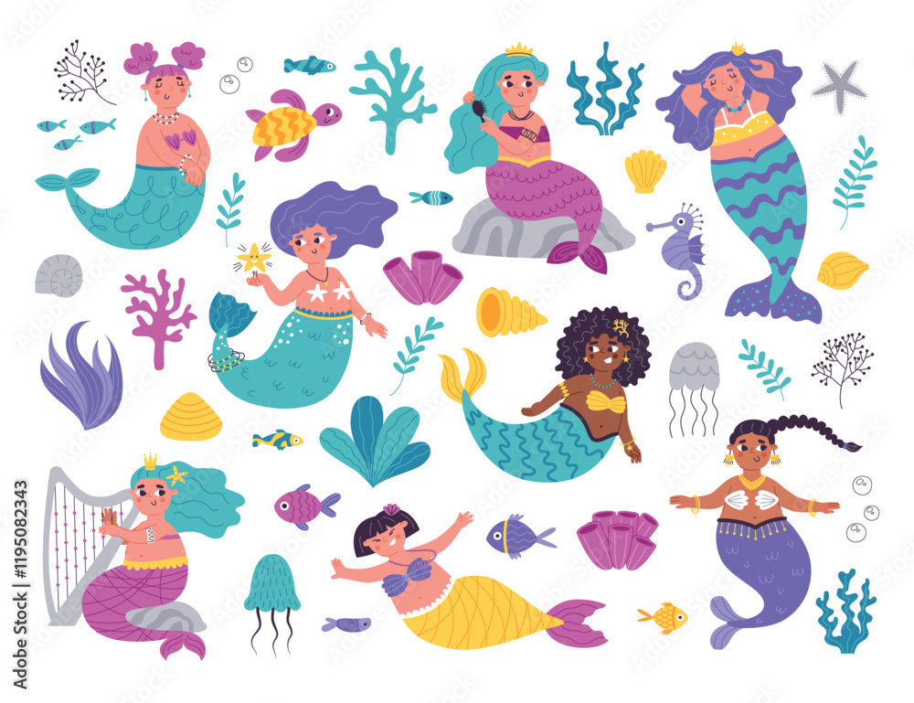 Cute little mermaids. Underwater princesses, fairytale girls with fish ...