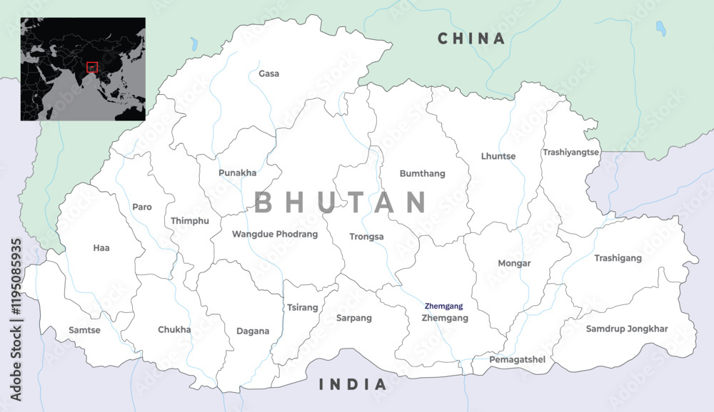 Map of Bhutan with district boundaries with their names and marked with ...