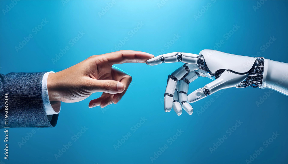 Human and robot hand touching each other - man vs robot touch on bright ...
