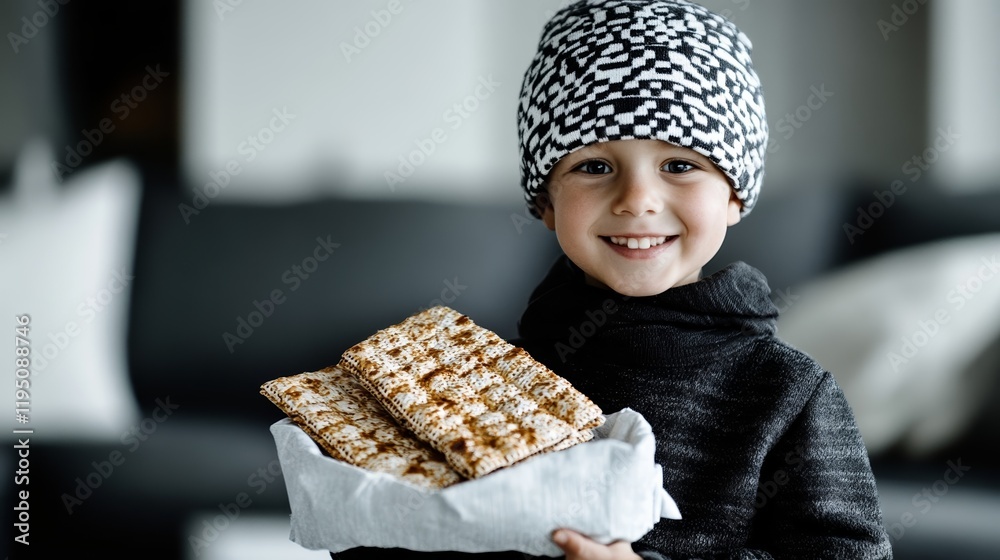 Elegant A child holding up the afikoman wrapped in a decorative matzah ...