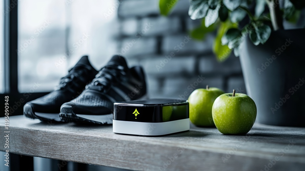 Elegant A sleek smartwatch displaying heart rate data next to running ...