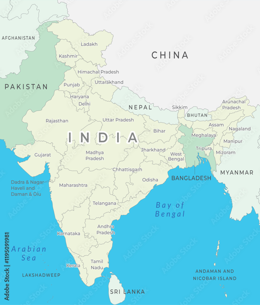 India map state wise marked with state name, highlighting neighbouring ...