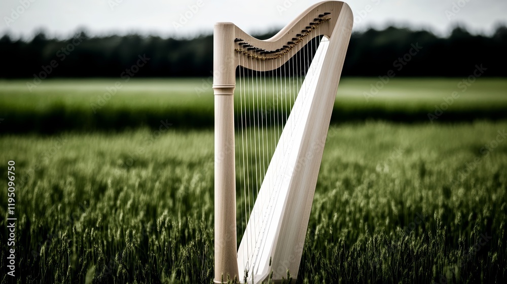 Elegant Irish harp illuminated with soft golden light resting in front ...
