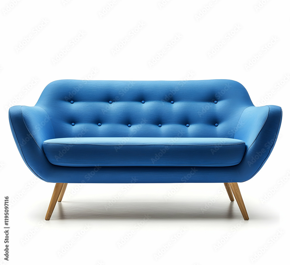 Sofa, blue in color with wooden legs and buttons on the backrest, white ...