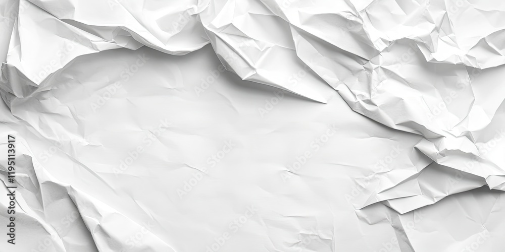 Crumpled white paper texture with deep creases and folds centered in ...