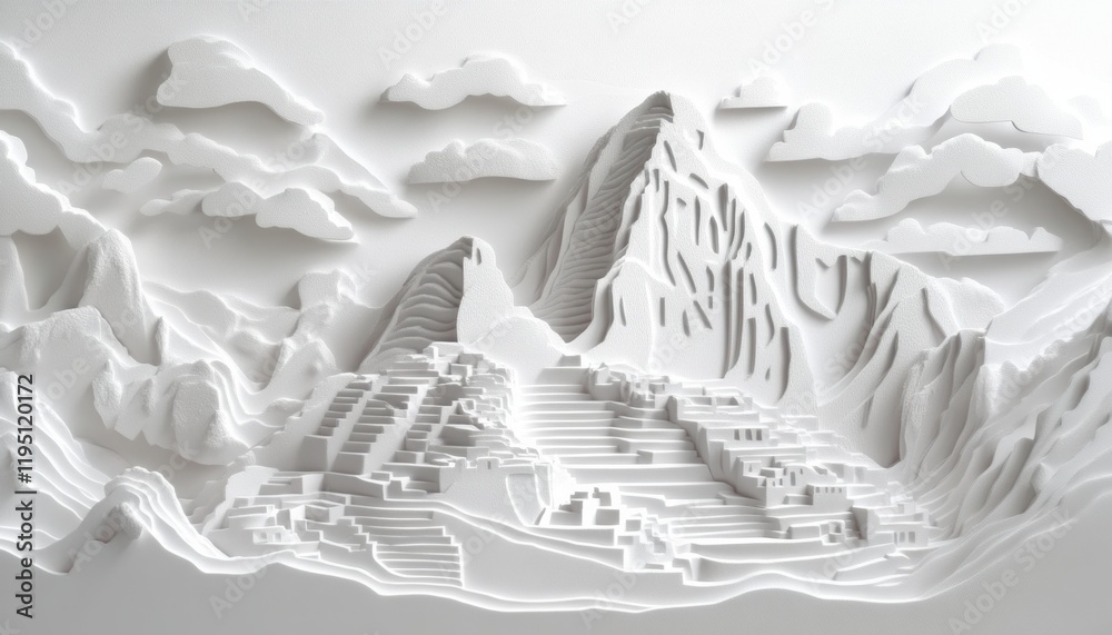 Crafting machu picchu a stunning white paper cut and wood cut landscape ...