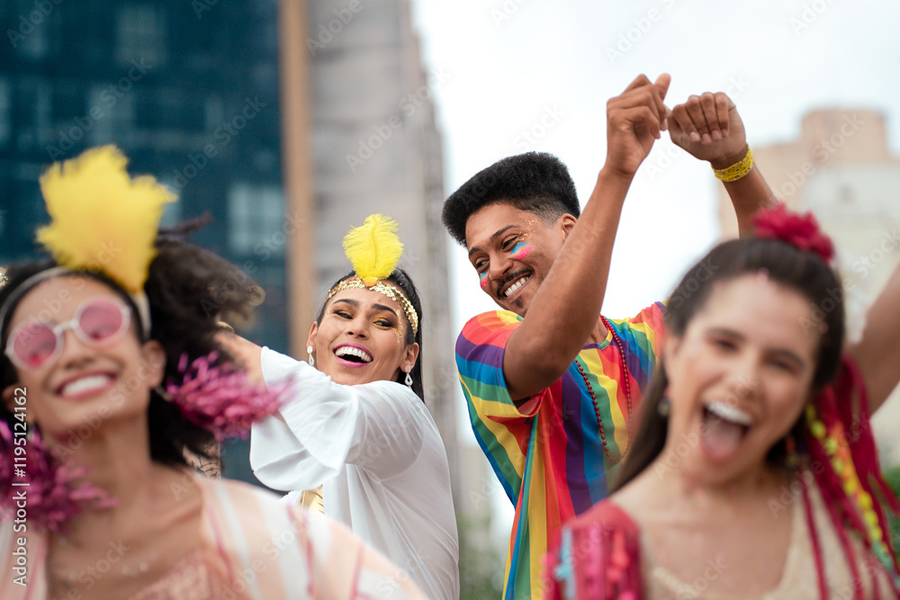 Joyful friends dancing and celebrating Brazilian Carnival in vibrant ...