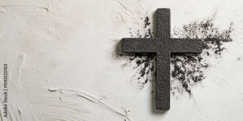 Black cross with ash on a textured white background symbolizing Ash ...