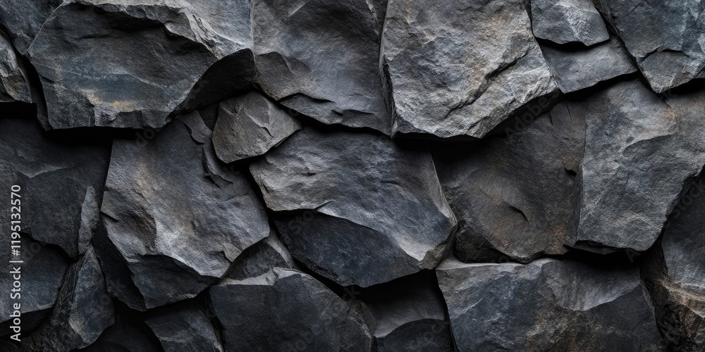Dark grey and black slate rock texture with uneven surfaces arranged in ...