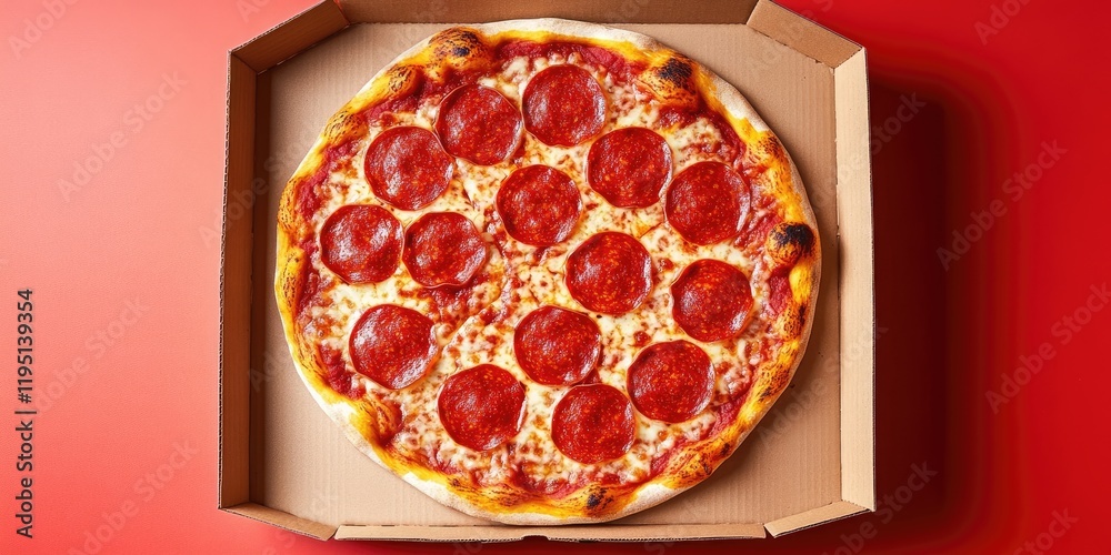 Pepperoni pizza in a cardboard box centered on vibrant red background ...