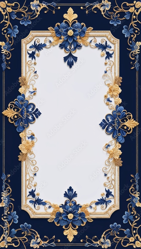 Elegant navy blue and gold filigree patterns framing the edges for a ...