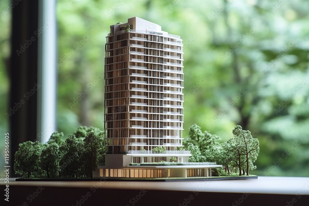 3D-printed model of a residential building, a tall high-rise with ...