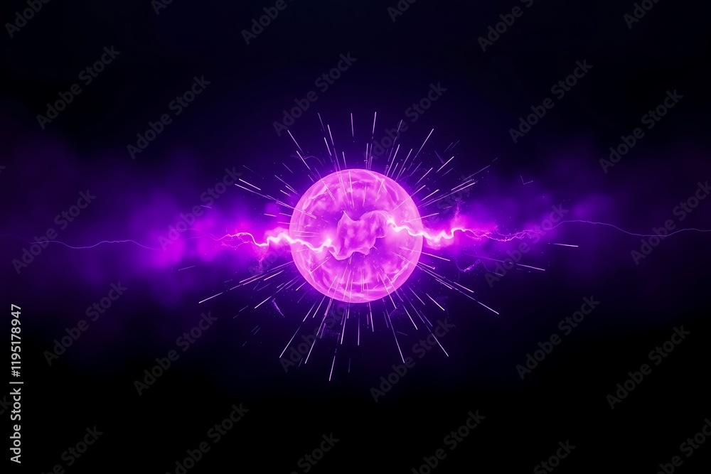 Glowing plasma orb emitting electric sparks in a dark background Stock ...