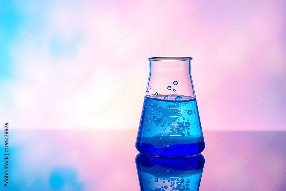 Scientific laboratory beaker bubbling blue liquid before blurry ...